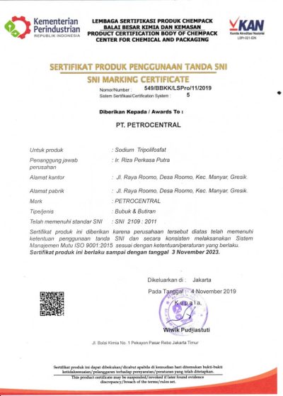 Sertifikat - Petrocentral | STPP Manufacturer